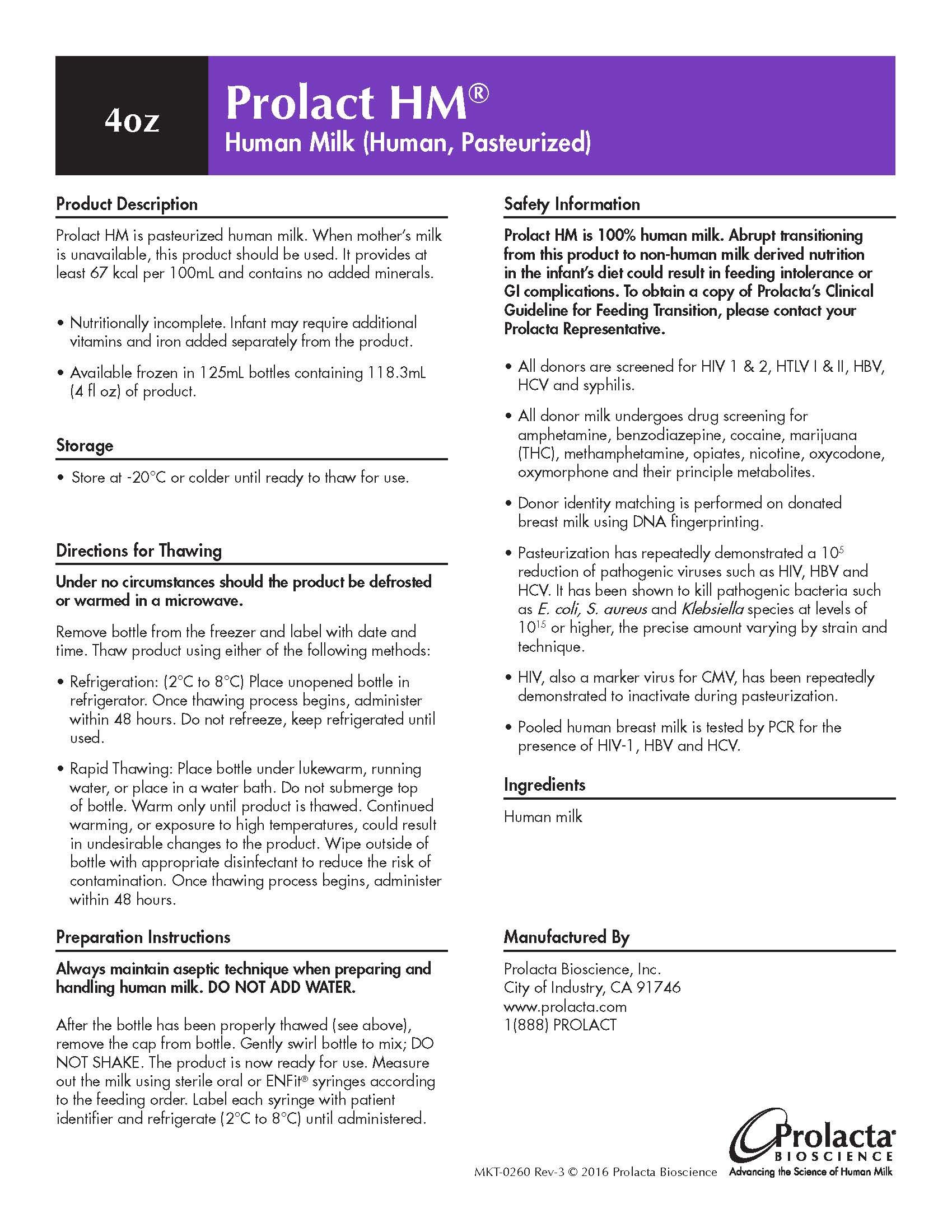 Supplemental product information: Prolact HM® - Prolacta Bioscience