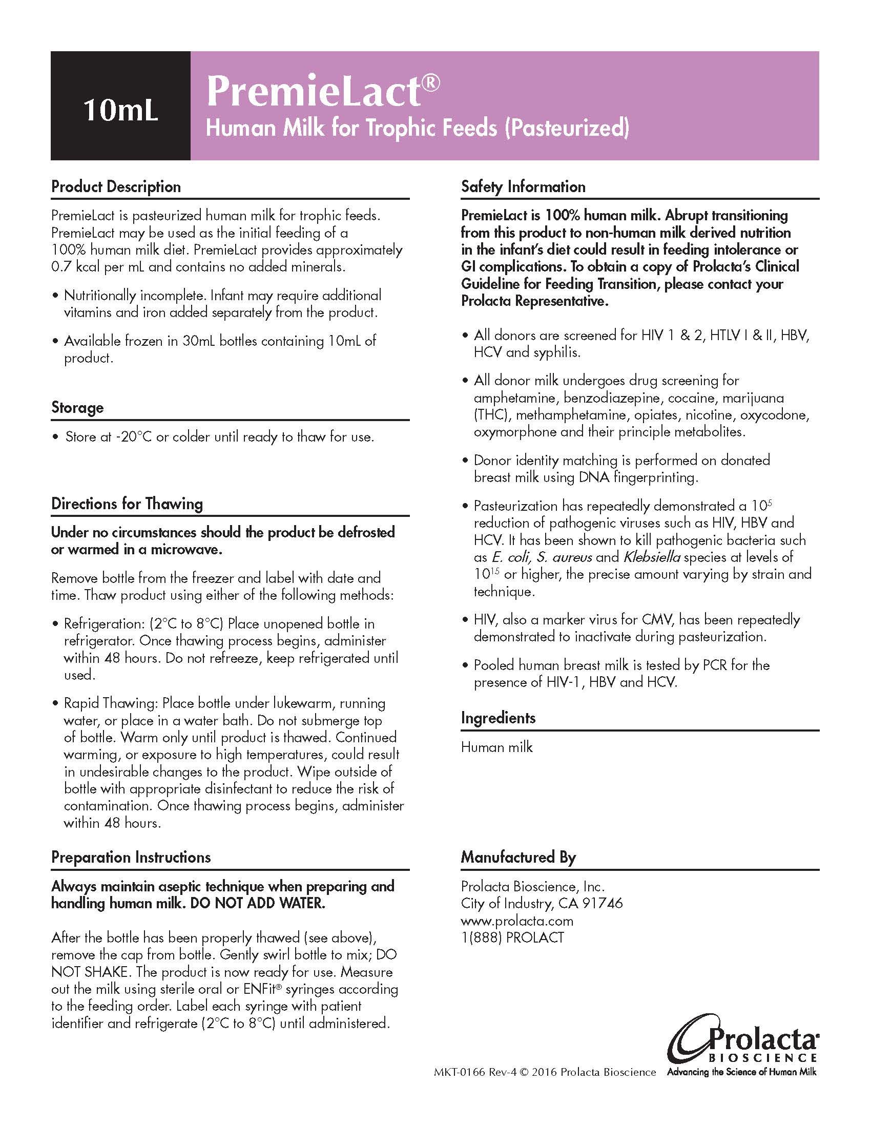 Supplemental Product Information: PremieLact® - Prolacta Bioscience